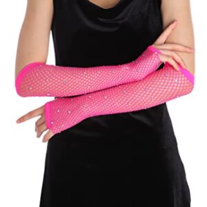 OTPEH Women Fishnet Rhinestone Gloves Fingerless Kids Fish Net Arm Sleeve Warmers 80s Emo Scene Accessories Pink