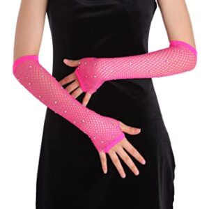 OTPEH Women Fishnet Rhinestone Gloves Fingerless Kids Fish Net Arm Sleeve Warmers 80s Emo Scene Accessories Pink