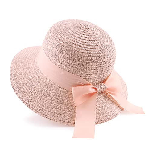 Zsedrut Women,Little Girls Straw Sun Hat Summer Beach Cap Foldable Visor Floppy Hats Wide Brim with Bowknot(Pinkbow,2-4T)