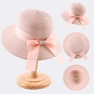 Zsedrut Women,Little Girls Straw Sun Hat Summer Beach Cap Foldable Visor Floppy Hats Wide Brim with Bowknot(Pinkbow,2-4T)