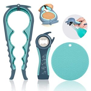 jar opener for weak hands, seniors with arthritis, 5 in 1 multi function bottle opener lid opener for arthritic hands with non slip rubber jar opener gripper pad(3-piece set, blue)