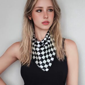 INAINI Black White Checkered Silk Scarf - Checkered Flag Bandana - Checkerboard Neck Scarf - Pure Natural Silk Handkerchief 21" x 21 inch