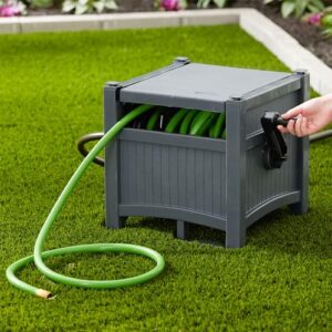 Suncast 100 Foot Slide Trak Hose Hideaway, Durable Resin Garden Hose Storage Reel with Manual Guide for Even Winding, Pre-Assembled, Cyberspace Grey