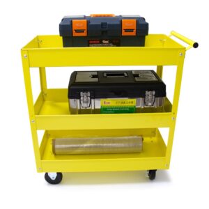 hpdmc 30in large steel service cart - utility carts with wheels - 3 shelf - metal - 400 lbs capacity - shop rolling tool carts - yellow