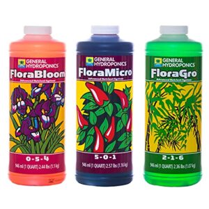 general hydroponics floraseries hydroponic nutrient fertilizer system trial pack with floramicro, florabloom and floragro, 1 qt.