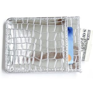 SWEDEY Super Shiny Slim Credit Card Holder Mini Front Pocket Wallet in Mirror Metallic Faux Crocodile pattern (Silver)