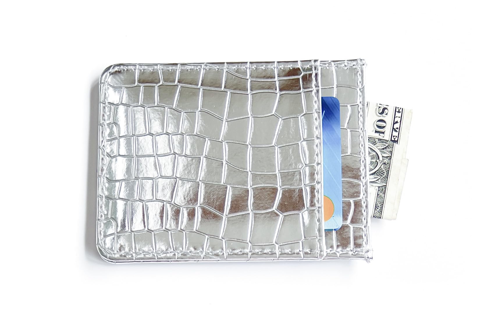 SWEDEY Super Shiny Slim Credit Card Holder Mini Front Pocket Wallet in Mirror Metallic Faux Crocodile pattern (Silver)