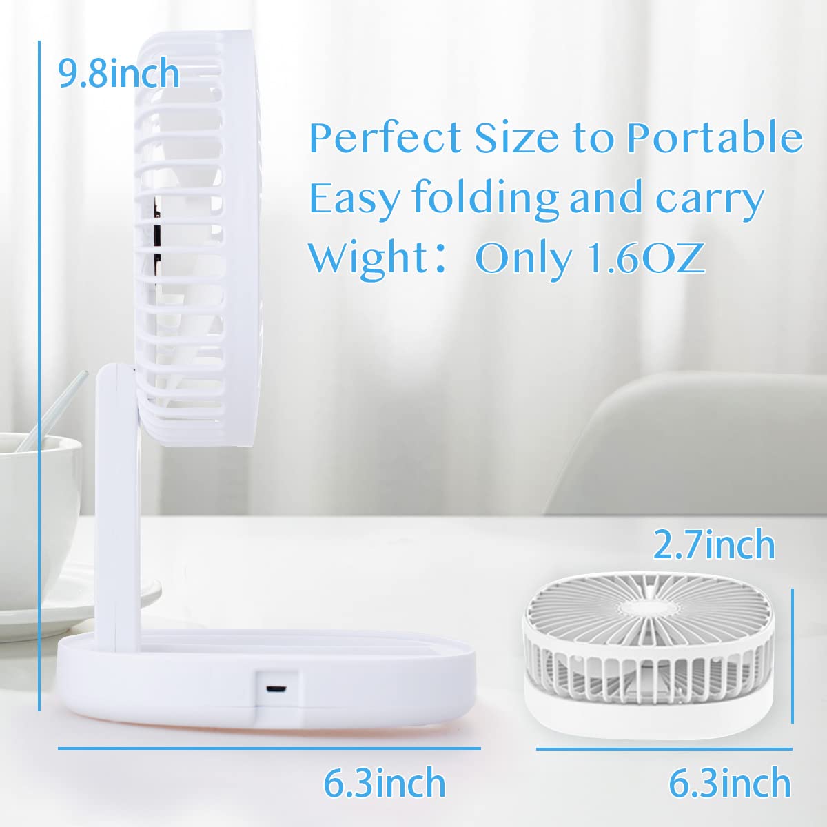 DEPOZA 7 Inch Travel Fan, Portable Folding Desk Fan with 3 Speeds, 185° Rotation, Battery Operated & Rechargeable, Quiet Small Table Fan for Bedroom, Office