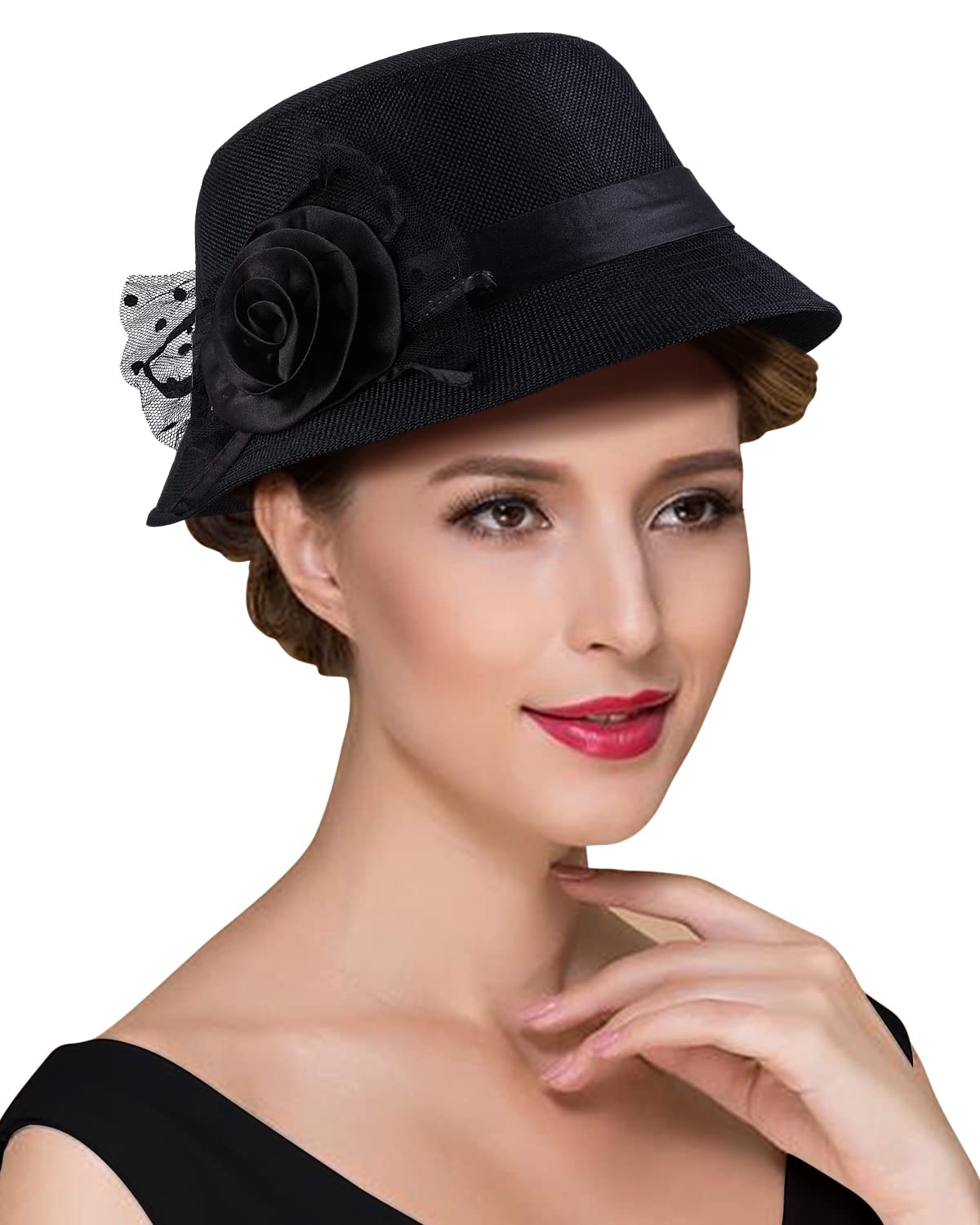 CROWN GUIDE 1920s Gatsby Church Cloche Derby Hats for Women Ladies Bow Bucket Wedding Bowler Hats Tea Party Black