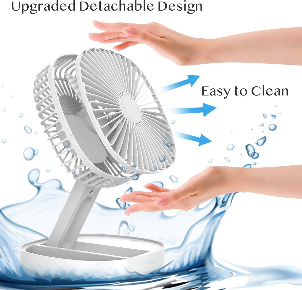 DEPOZA 7 Inch Travel Fan, Portable Folding Desk Fan with 3 Speeds, 185° Rotation, Battery Operated & Rechargeable, Quiet Small Table Fan for Bedroom, Office