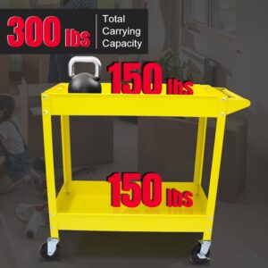 HPDMC 30in Large Steel Service Cart - Utility Carts with Wheels - 2 Shelf - Metal - 300 lbs Capacity - Shop Rolling Tool Carts - Yellow