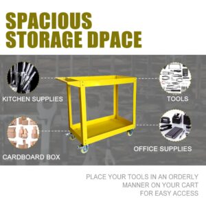 HPDMC 30in Large Steel Service Cart - Utility Carts with Wheels - 2 Shelf - Metal - 300 lbs Capacity - Shop Rolling Tool Carts - Yellow