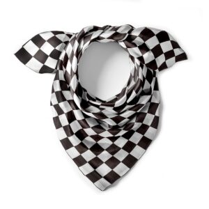 inaini black white checkered silk scarf - checkered flag bandana - checkerboard neck scarf - pure natural silk handkerchief 21" x 21 inch