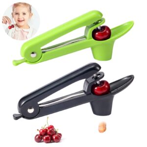 2 packs cherry pitter tools, cherry seed core remover olives pitter tool, stainless steel cherries corer with space-saving lock design (black & green)