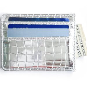 SWEDEY Super Shiny Slim Credit Card Holder Mini Front Pocket Wallet in Mirror Metallic Faux Crocodile pattern (Silver)