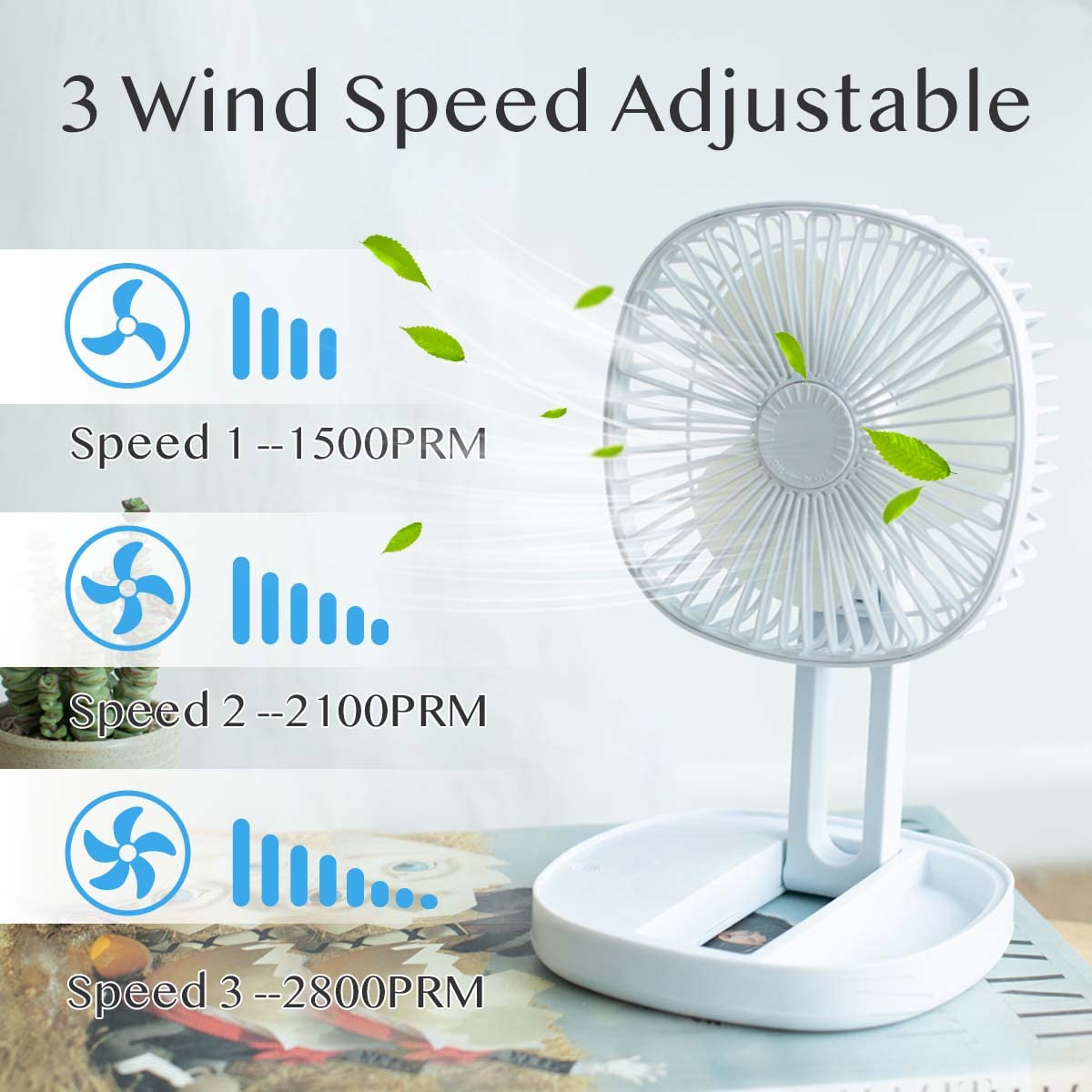 DEPOZA 7 Inch Travel Fan, Portable Folding Desk Fan with 3 Speeds, 185° Rotation, Battery Operated & Rechargeable, Quiet Small Table Fan for Bedroom, Office