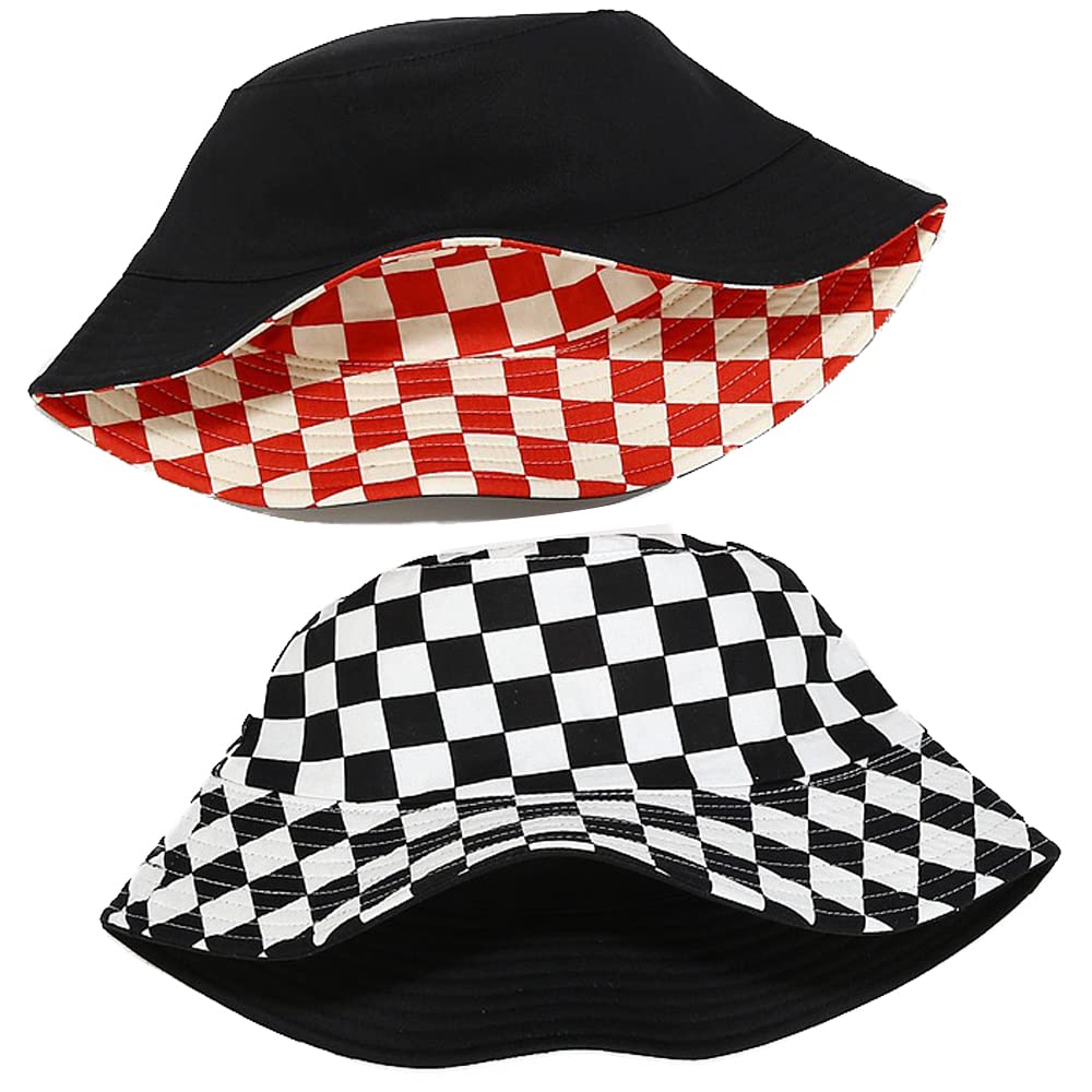 Cotton Checkered Bucket Hat Summer Fashion Fisherman Beach Sun Hats for Women and Men Black