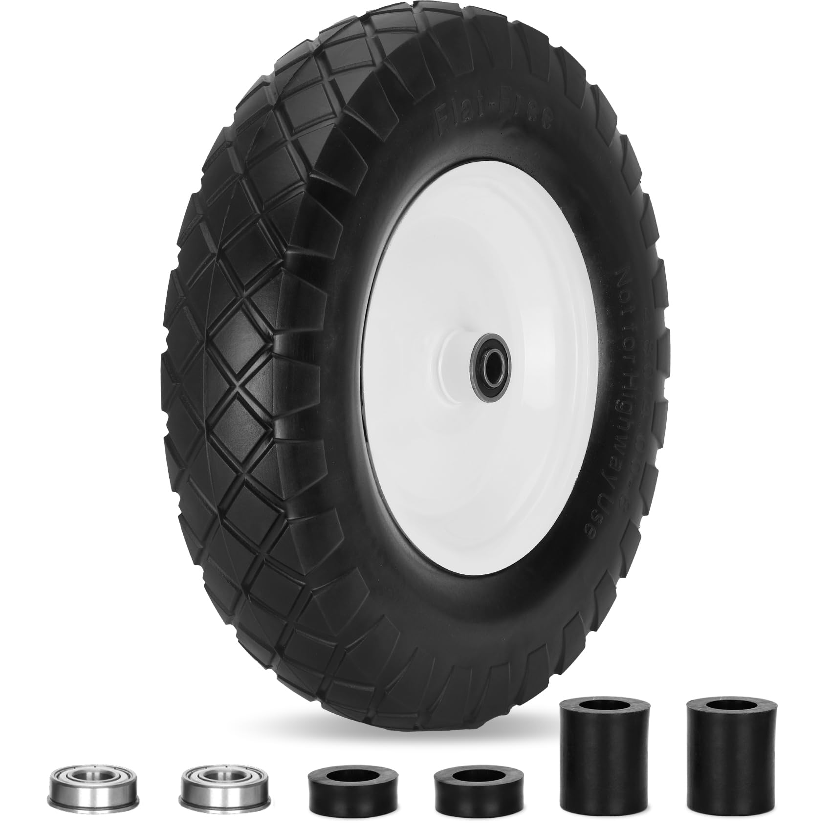 Pontuss Upgraded 16" Flat Free Wheelbarrow Wheels and Tires, 4.80/4.00-8 Solid Wheelbarrow Tires with 5/8"&3/4" Bearings,14"-16" Universal Fit Wheelbarrow Tires for Wheelbarrows/Garden Trailer