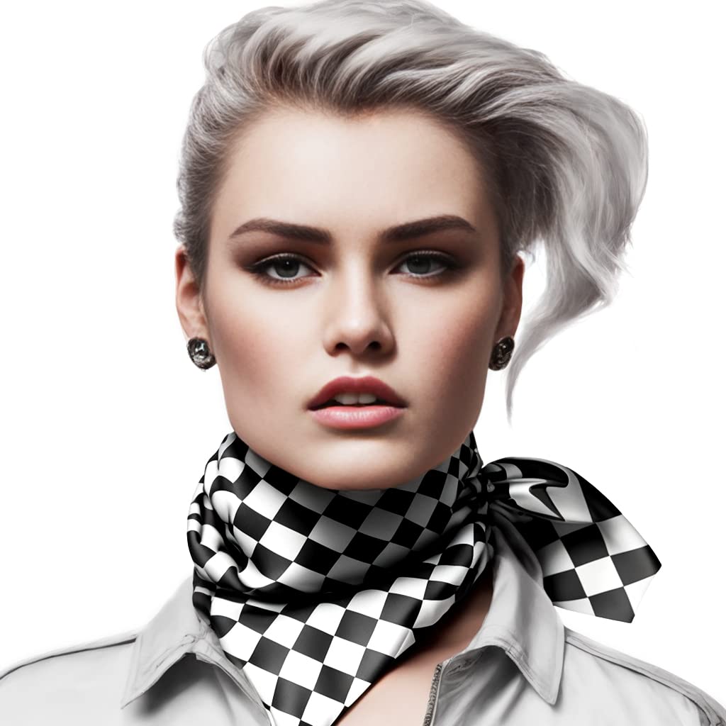 INAINI Black White Checkered Silk Scarf - Checkered Flag Bandana - Checkerboard Neck Scarf - Pure Natural Silk Handkerchief 21" x 21 inch