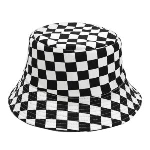 Cotton Checkered Bucket Hat Summer Fashion Fisherman Beach Sun Hats for Women and Men Black