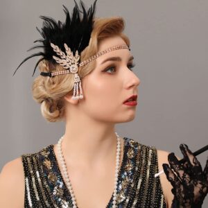 Gortin 1920's Flapper Feather Headband Art Deco Great Gatsby Headpiece Inspired Leaf Medallion Pearl Headband Bride Wedding Headdress Rhinestones Flapper Feather Hair Accessory for Women and Girls