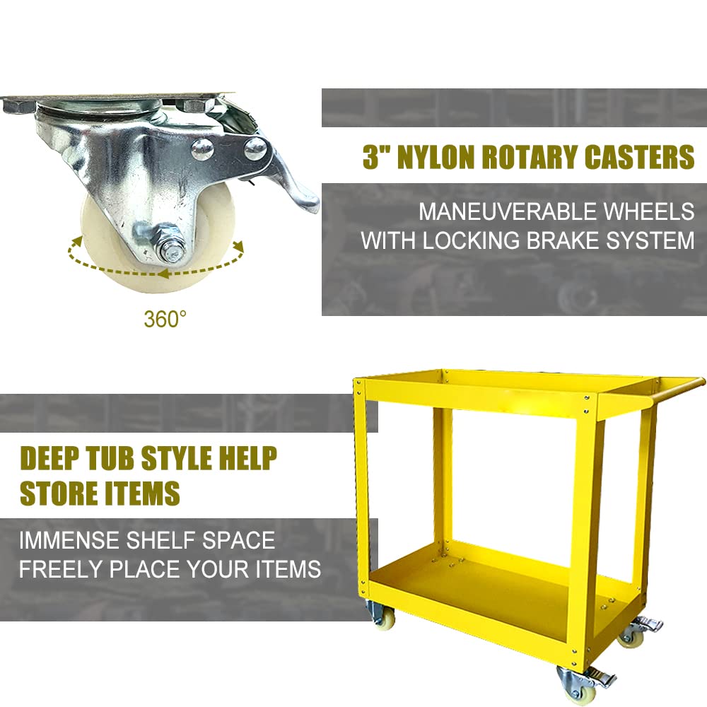 HPDMC 30in Large Steel Service Cart - Utility Carts with Wheels - 2 Shelf - Metal - 300 lbs Capacity - Shop Rolling Tool Carts - Yellow