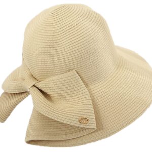 Womens Wide Brim Slit Sun Hat Bow Knot Summer Straw Sun Hats for Women (Beige)