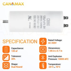 Canamax 120 uf MFD 250 VAC Volts CBB60 Round Motor Run Capacitor 50/60 Hz AC Electric - Exact Fit for OEM Single Phase Motor Capacitors Condenser Straight Cool or Heat Pump Air Conditioner