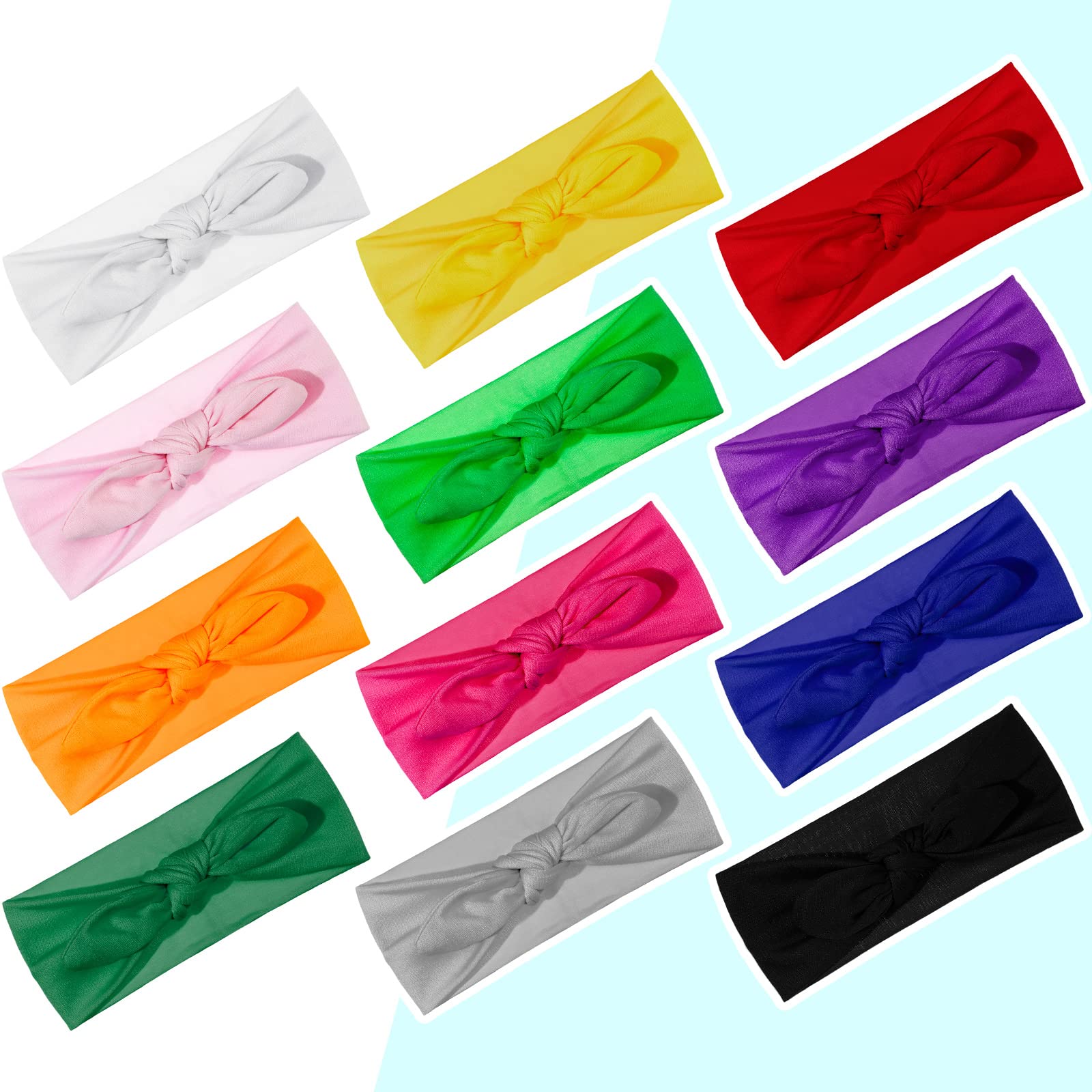 Giegxin 12 Pack Colorful Polyester Cloth Headbands for Girls Removable Rabbit Ear Bow Hairbands Hair Accessories, 12 Colors