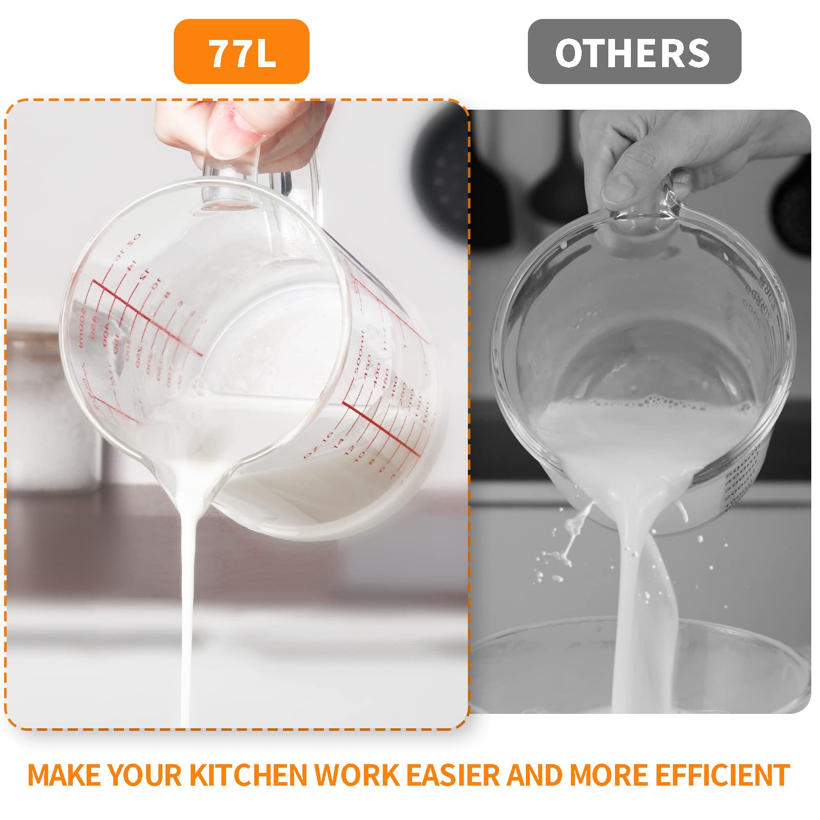 77L Glass Measuring Cup, 2-Cup/500 ML Liquid Measuring Cups, Measuring Cup With Handle and V-Shaped Spout, Glass Beaker with Three Scales (OZ, Cup, ML), Dishwasher/Freezer/Microwave Safe