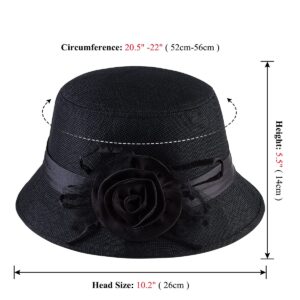 CROWN GUIDE 1920s Gatsby Church Cloche Derby Hats for Women Ladies Bow Bucket Wedding Bowler Hats Tea Party Black