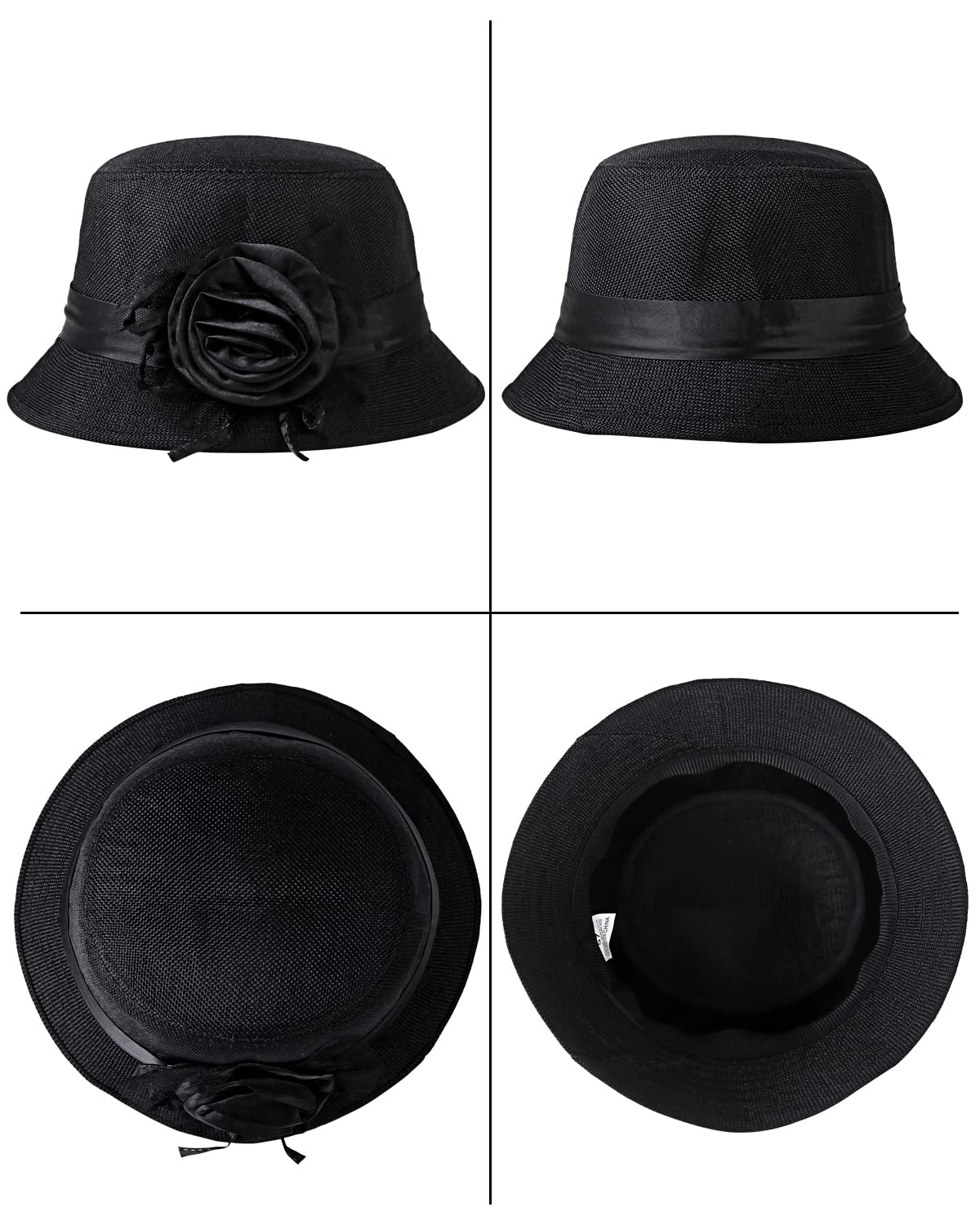 CROWN GUIDE 1920s Gatsby Church Cloche Derby Hats for Women Ladies Bow Bucket Wedding Bowler Hats Tea Party Black