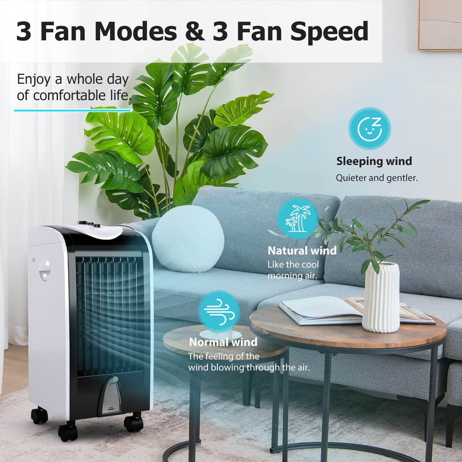 ARLIME Evaporative Air Cooler, Windowless Swamp Cooler Fan & Humidifier with 3 Modes, 3 Speeds, 2 Ice Boxes, 7.5h Timer, Now-Noise, Portable Air Conditioners for Bedroom, Living Room, Office