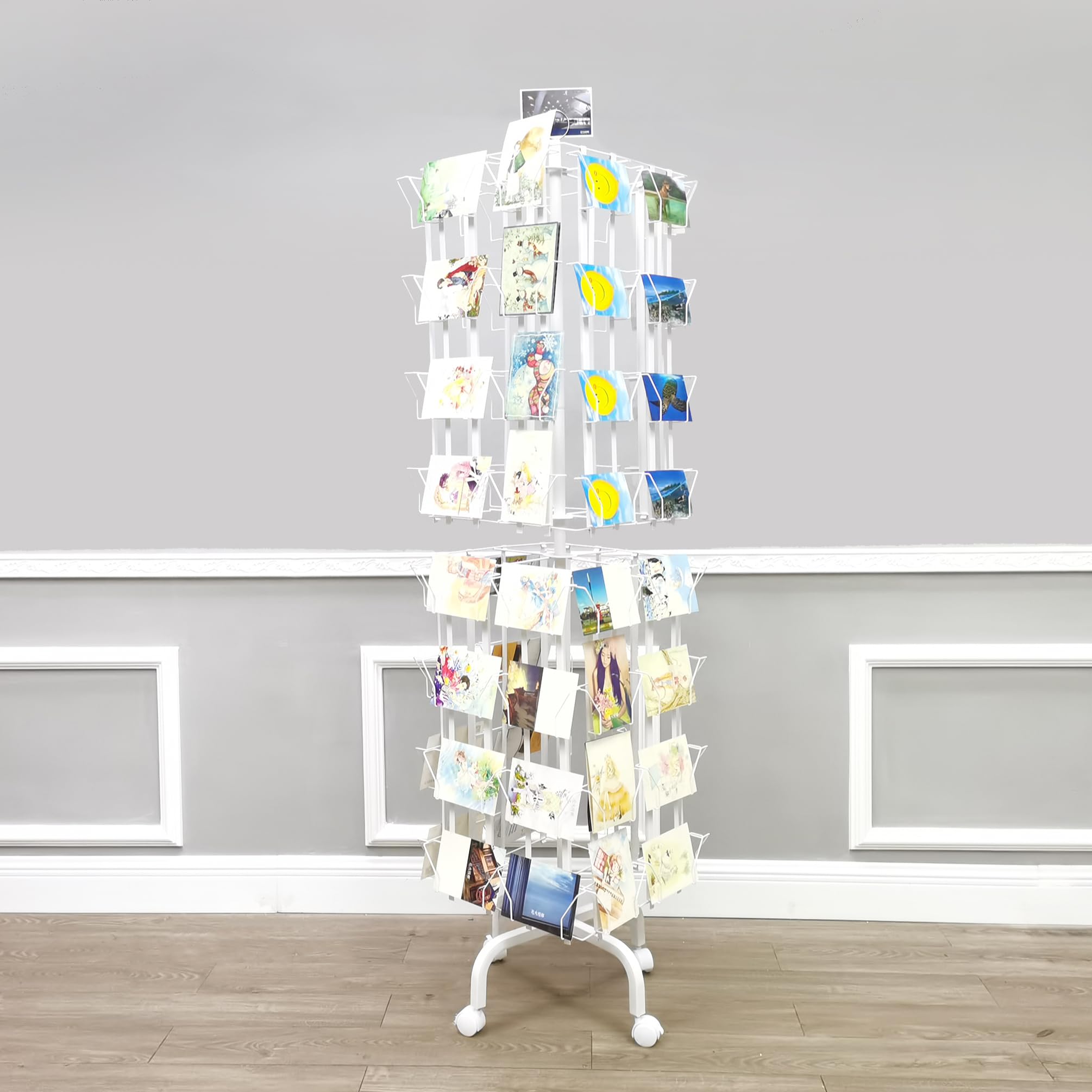 64 Adjustable Pockets Display Rack 5x7 7x5 up to 9.3" Wide X 8" Tall Cards, 1.27" deep Pockets, Double Tier Greeting Post Card Christmas Holiday Spinning Rack Stand White 10139-WHITE