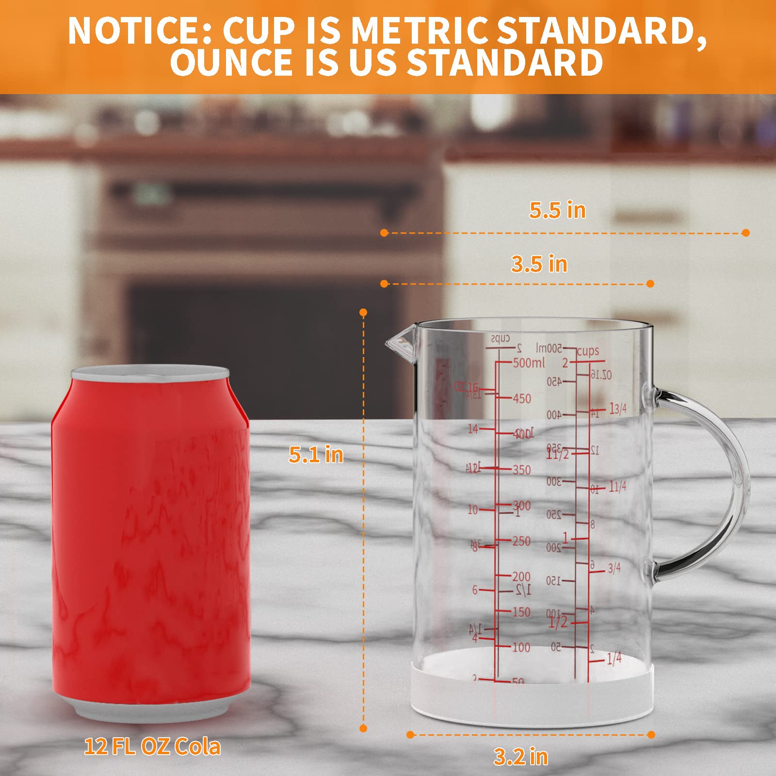 77L Glass Measuring Cup, 2-Cup/500 ML Liquid Measuring Cups, Measuring Cup With Handle and V-Shaped Spout, Glass Beaker with Three Scales (OZ, Cup, ML), Dishwasher/Freezer/Microwave Safe