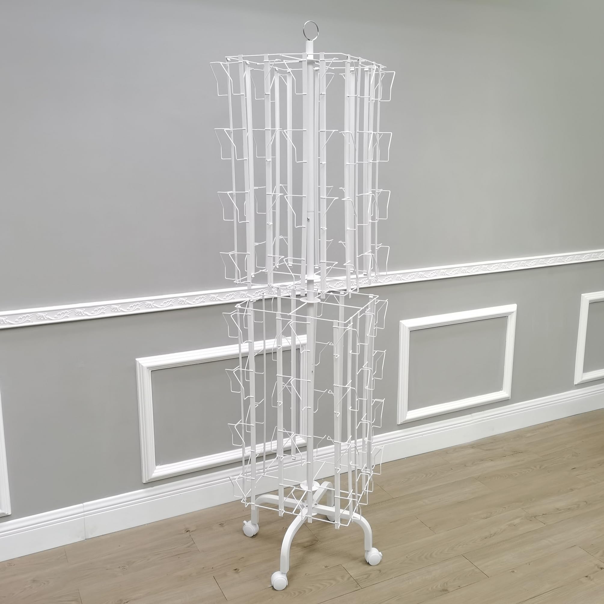 64 Adjustable Pockets Display Rack 5x7 7x5 up to 9.3" Wide X 8" Tall Cards, 1.27" deep Pockets, Double Tier Greeting Post Card Christmas Holiday Spinning Rack Stand White 10139-WHITE