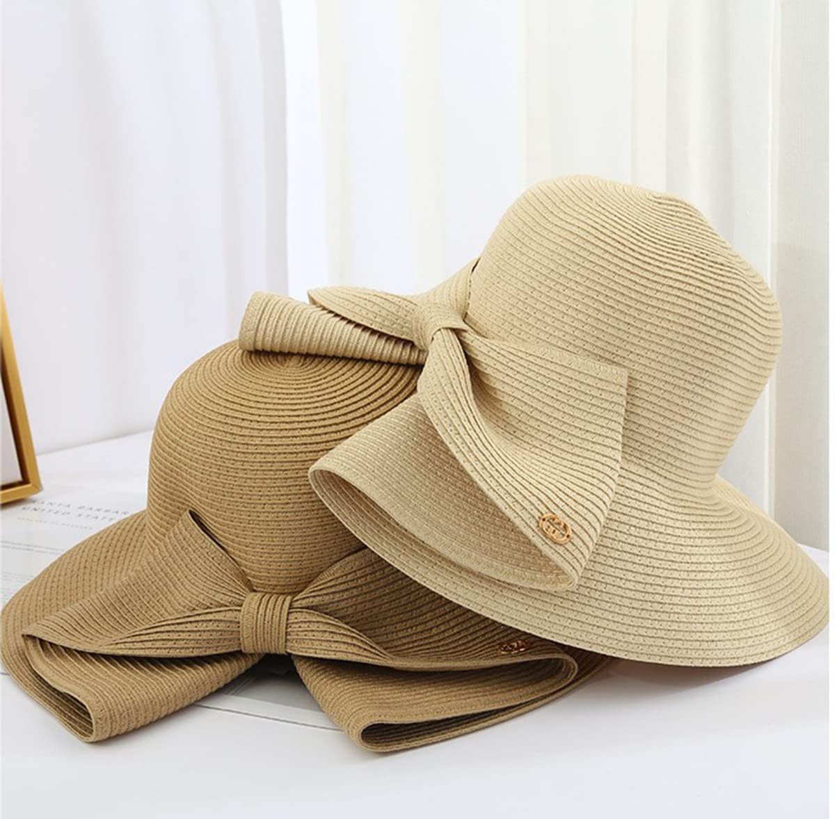 Womens Wide Brim Slit Sun Hat Bow Knot Summer Straw Sun Hats for Women (Beige)