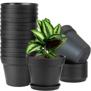 wousiwer 16 pack 6 inch plastic planters for indoor flower pots, heavy duty and stylish 6 inch plant pots for indoor plants with drainage holes and tray for plants, flowers, black