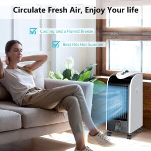 ARLIME Evaporative Air Cooler, Windowless Swamp Cooler Fan & Humidifier with 3 Modes, 3 Speeds, 2 Ice Boxes, 7.5h Timer, Now-Noise, Portable Air Conditioners for Bedroom, Living Room, Office