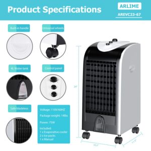 ARLIME Evaporative Air Cooler, Windowless Swamp Cooler Fan & Humidifier with 3 Modes, 3 Speeds, 2 Ice Boxes, 7.5h Timer, Now-Noise, Portable Air Conditioners for Bedroom, Living Room, Office