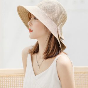 Womens Wide Brim Slit Sun Hat Bow Knot Summer Straw Sun Hats for Women (Beige)