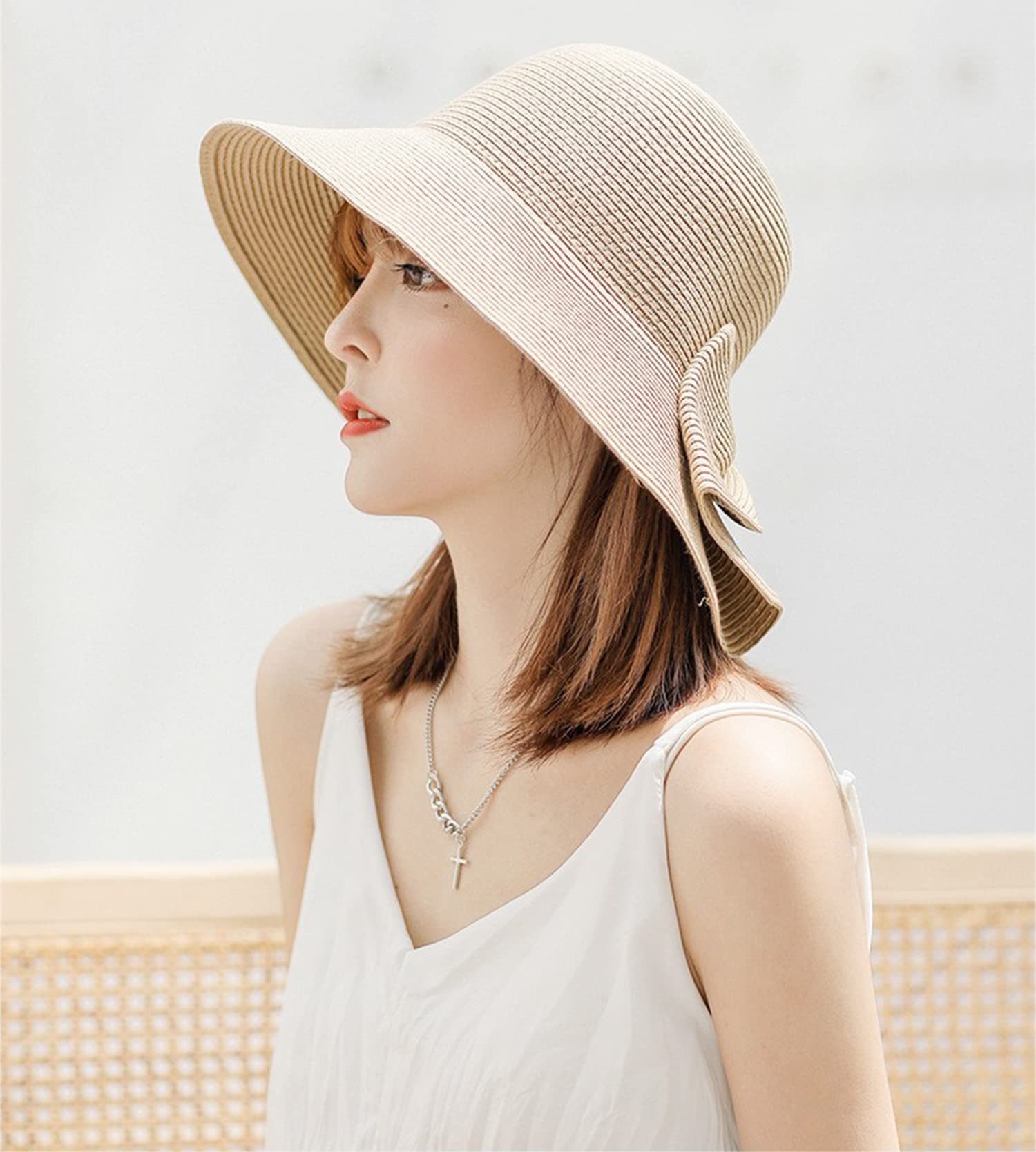 Womens Wide Brim Slit Sun Hat Bow Knot Summer Straw Sun Hats for Women (Beige)