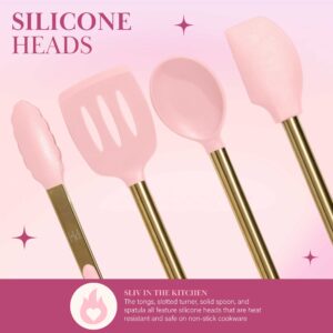 Paris Hilton Kitchen Set Tool Crock with Silicone Cooking Utensils, Stainless Steel Whisk and Ladle, 7-Piece, Pink and Gold