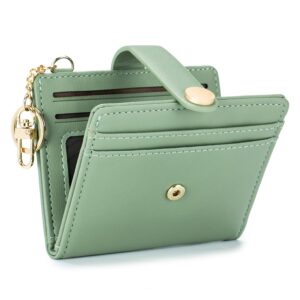 poiugoya slim wallet for women, leather bifold rfid blocking credit card holder with keychain, zipper coin pocket id window