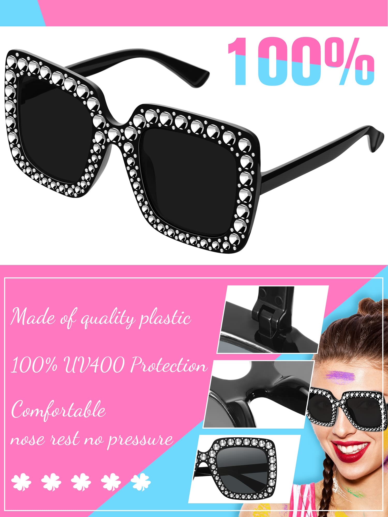 12 Pairs Crystal Oversized Sunglasses Rhinestone Square Diamond Sunglasses Frame Retro Sparkling Glasses for Women Men(Black)