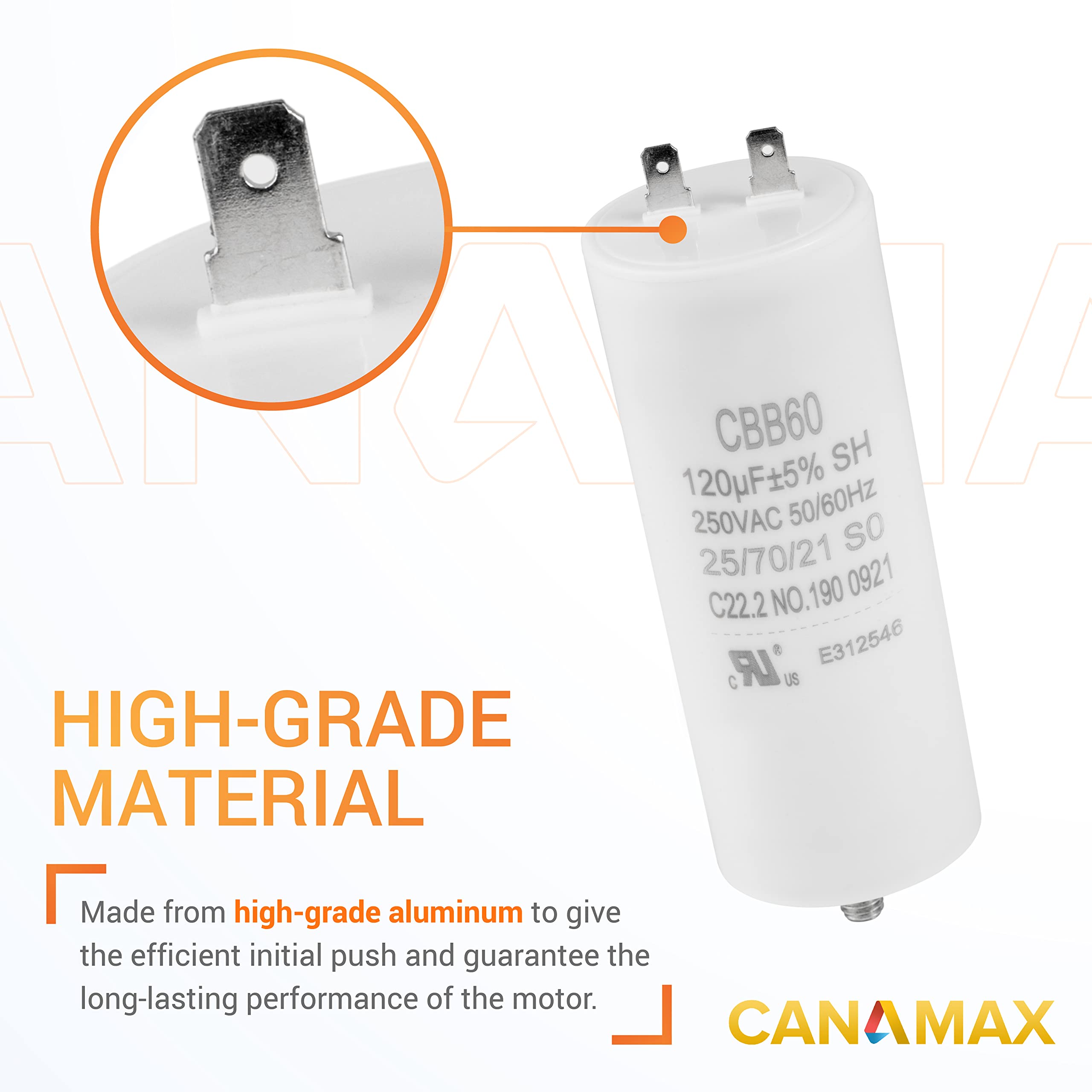 Canamax 120 uf MFD 250 VAC Volts CBB60 Round Motor Run Capacitor 50/60 Hz AC Electric - Exact Fit for OEM Single Phase Motor Capacitors Condenser Straight Cool or Heat Pump Air Conditioner