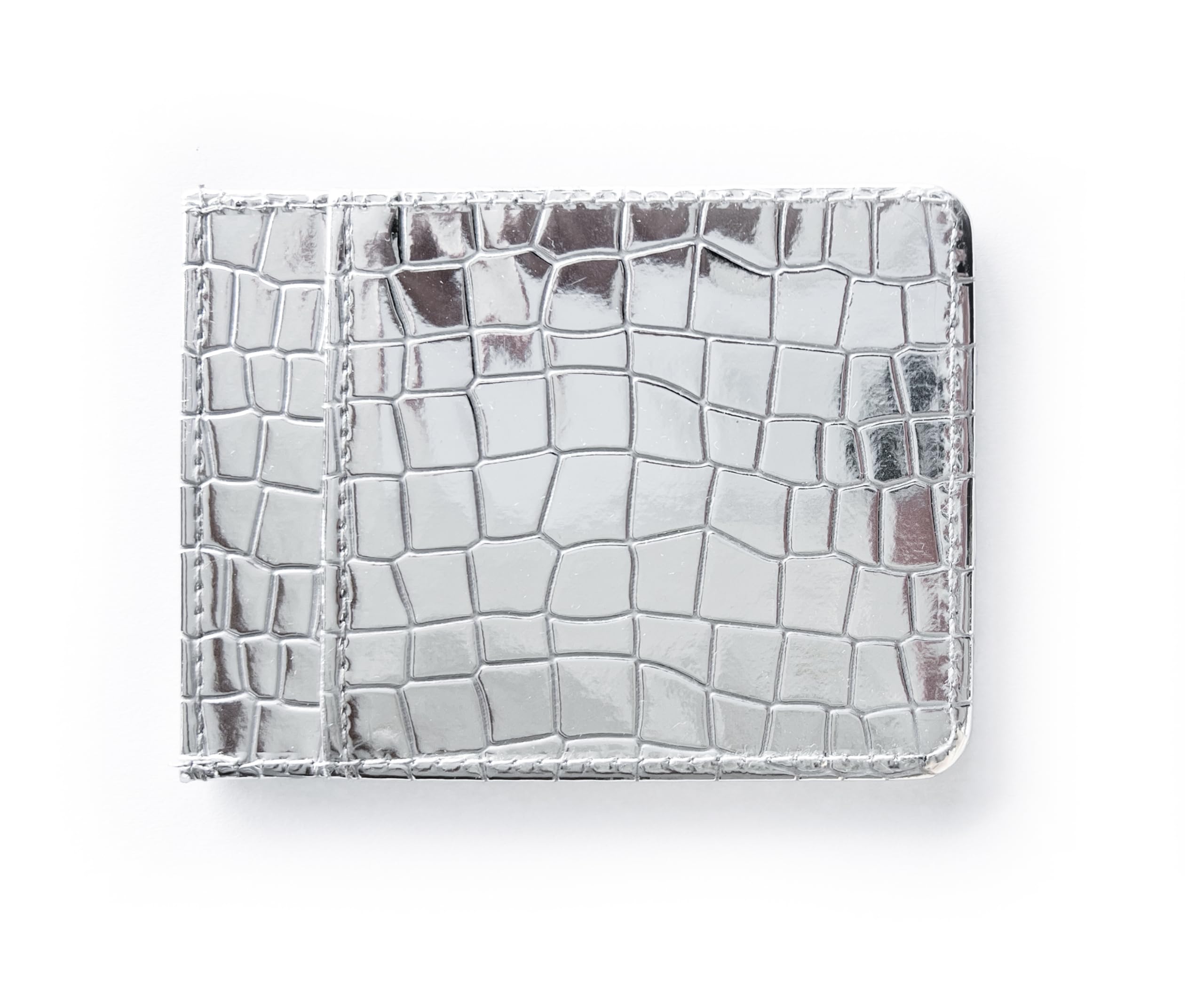 SWEDEY Super Shiny Slim Credit Card Holder Mini Front Pocket Wallet in Mirror Metallic Faux Crocodile pattern (Silver)