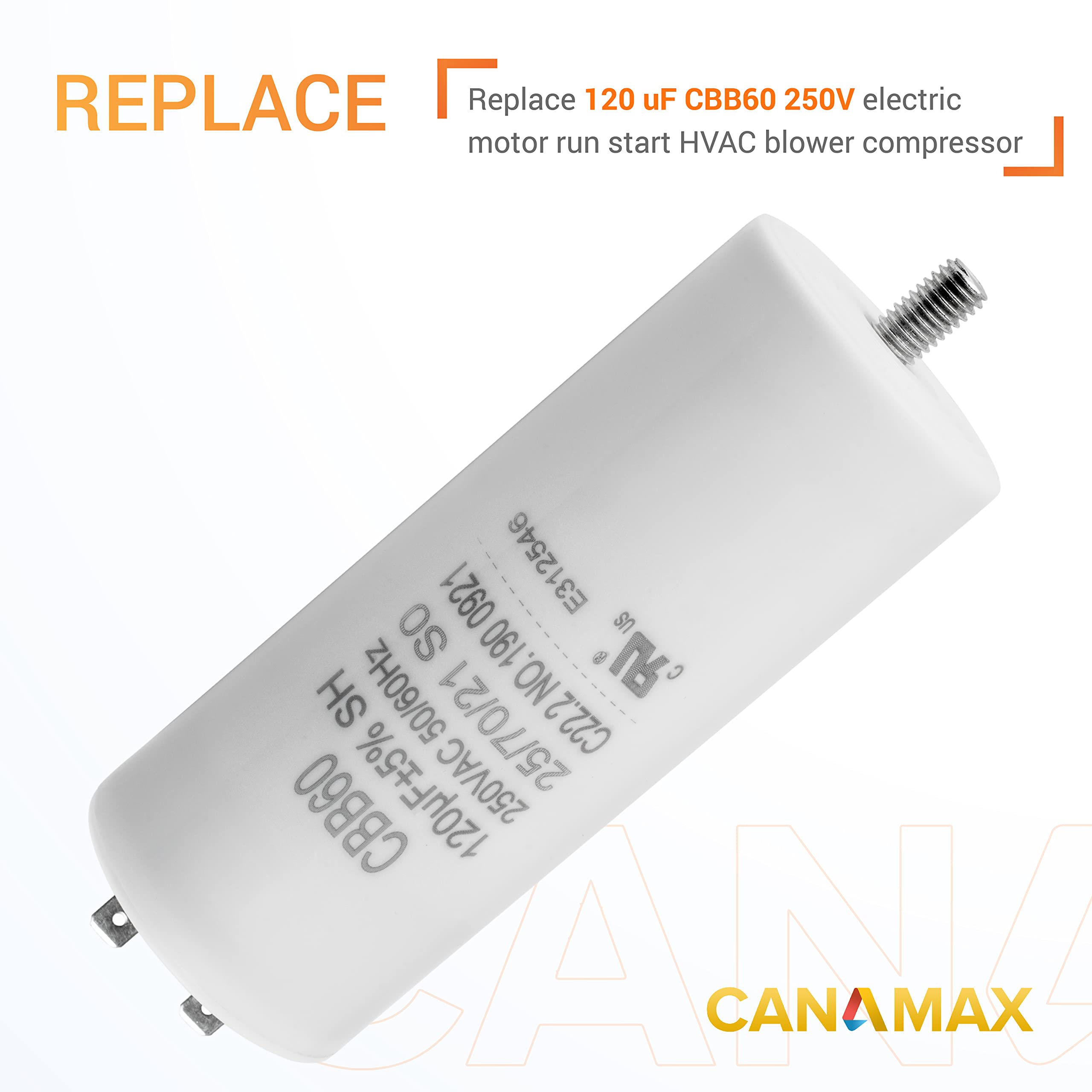 Canamax 120 uf MFD 250 VAC Volts CBB60 Round Motor Run Capacitor 50/60 Hz AC Electric - Exact Fit for OEM Single Phase Motor Capacitors Condenser Straight Cool or Heat Pump Air Conditioner