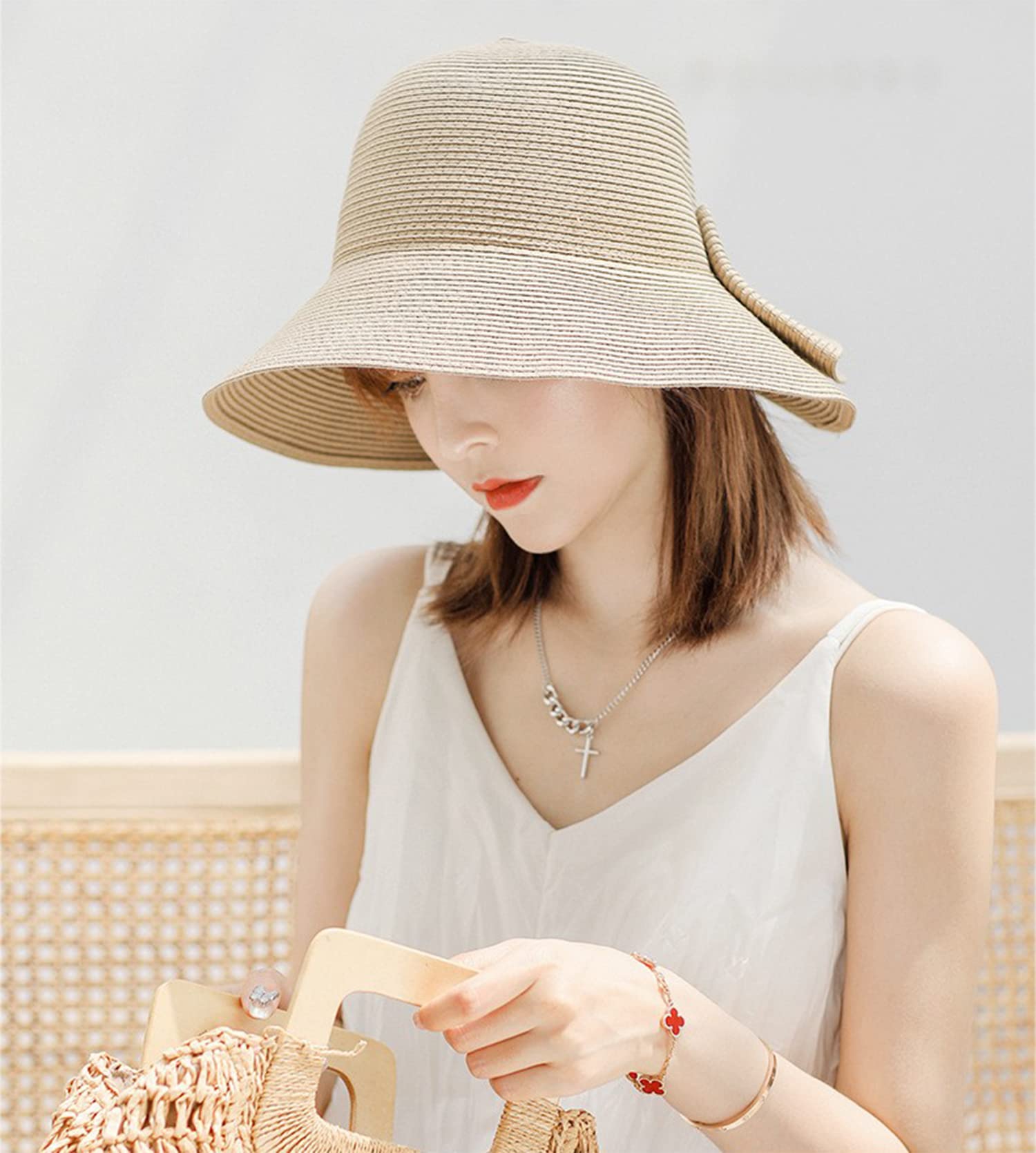 Womens Wide Brim Slit Sun Hat Bow Knot Summer Straw Sun Hats for Women (Beige)