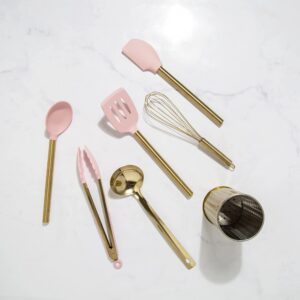 Paris Hilton Kitchen Set Tool Crock with Silicone Cooking Utensils, Stainless Steel Whisk and Ladle, 7-Piece, Pink and Gold